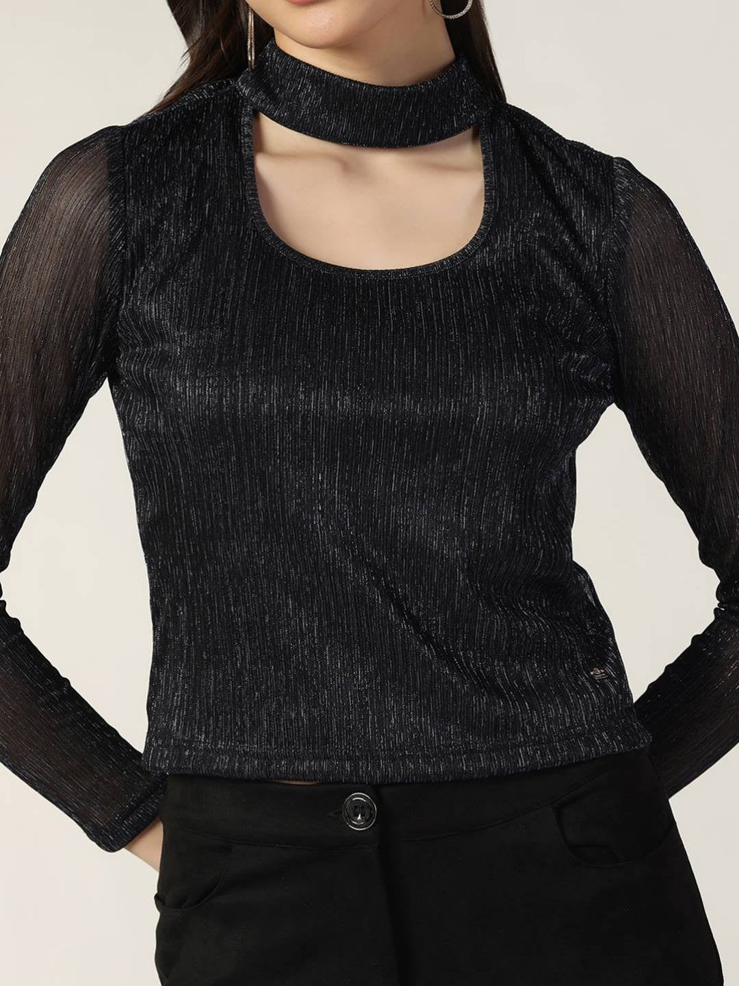 Buy Beatnik Mesh Fitted Self Full Sleeve Midnight Blue Women Top Online ...